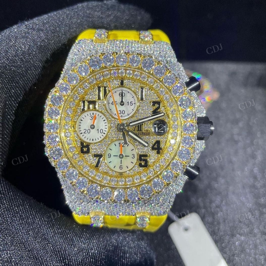 Silicon Yellow Belt AP Ice Out diamond Moissanite Watch – customdiamjewel