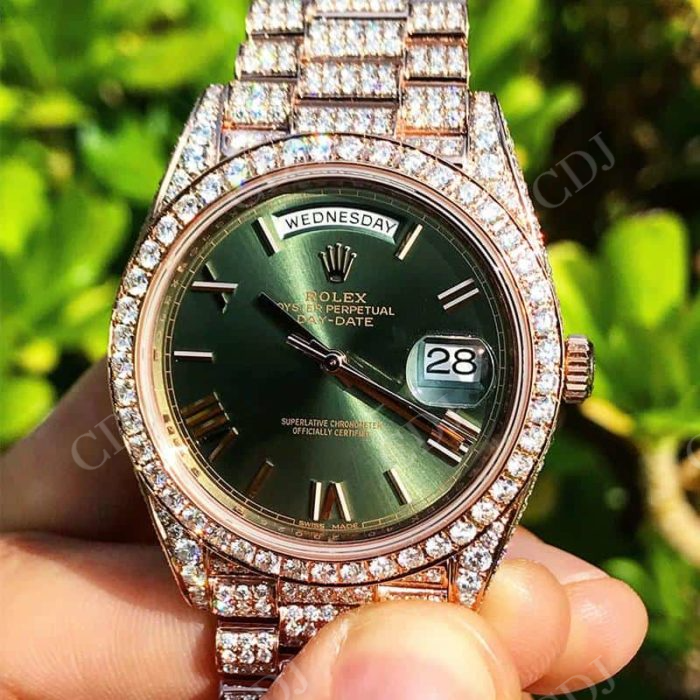 Rolex DayDate Green Dial Diamond Watch - Shop Now – customdiamjewel