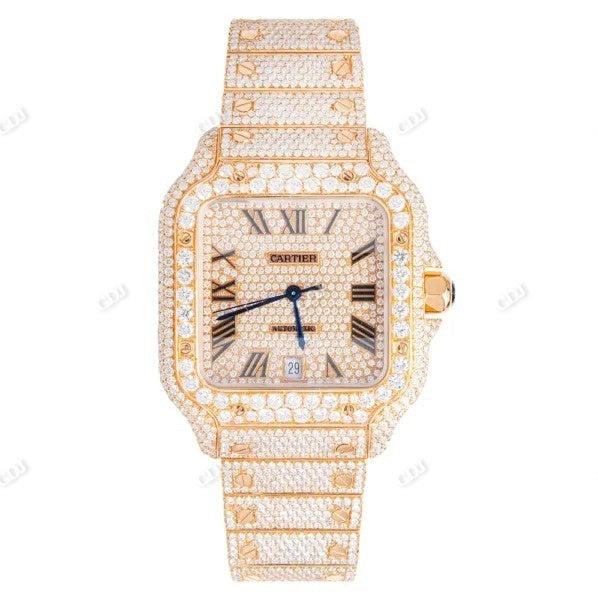 Iced Out Lab Grown Diamond Cartier Santos Watch – customdiamjewel